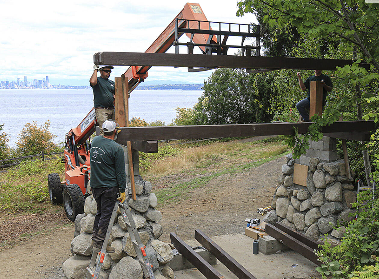 Pritchard Park gets rock-and-timber bench shelter | Bainbridge Island Review